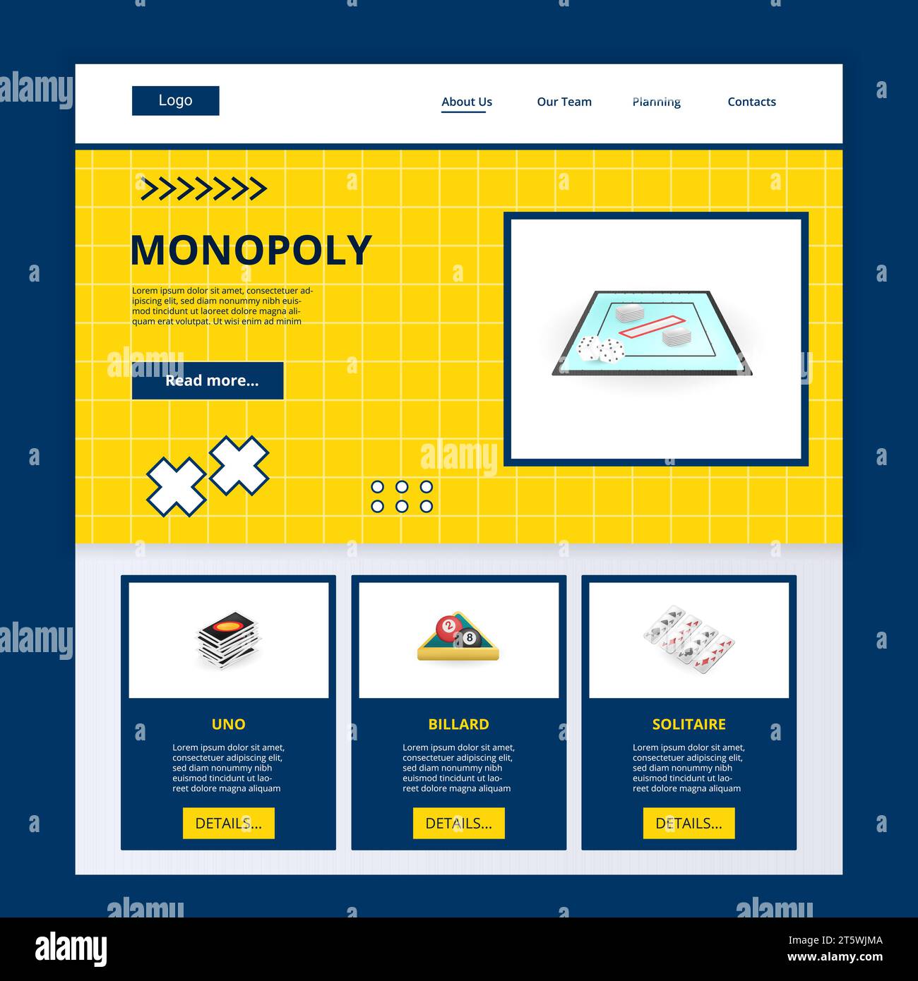 Monopoly flat landing page website template. Uno, billard, solitaire. Web banner with header ...