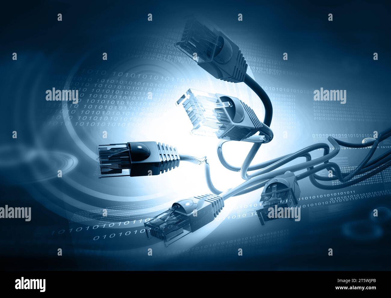Network cables with binary code fiber optic background. 3d illustration ...