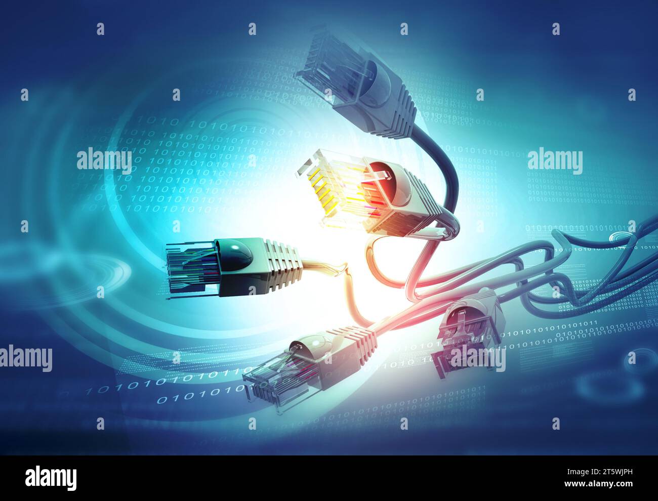 Network cables with binary code fiber optic background. 3d illustration ...