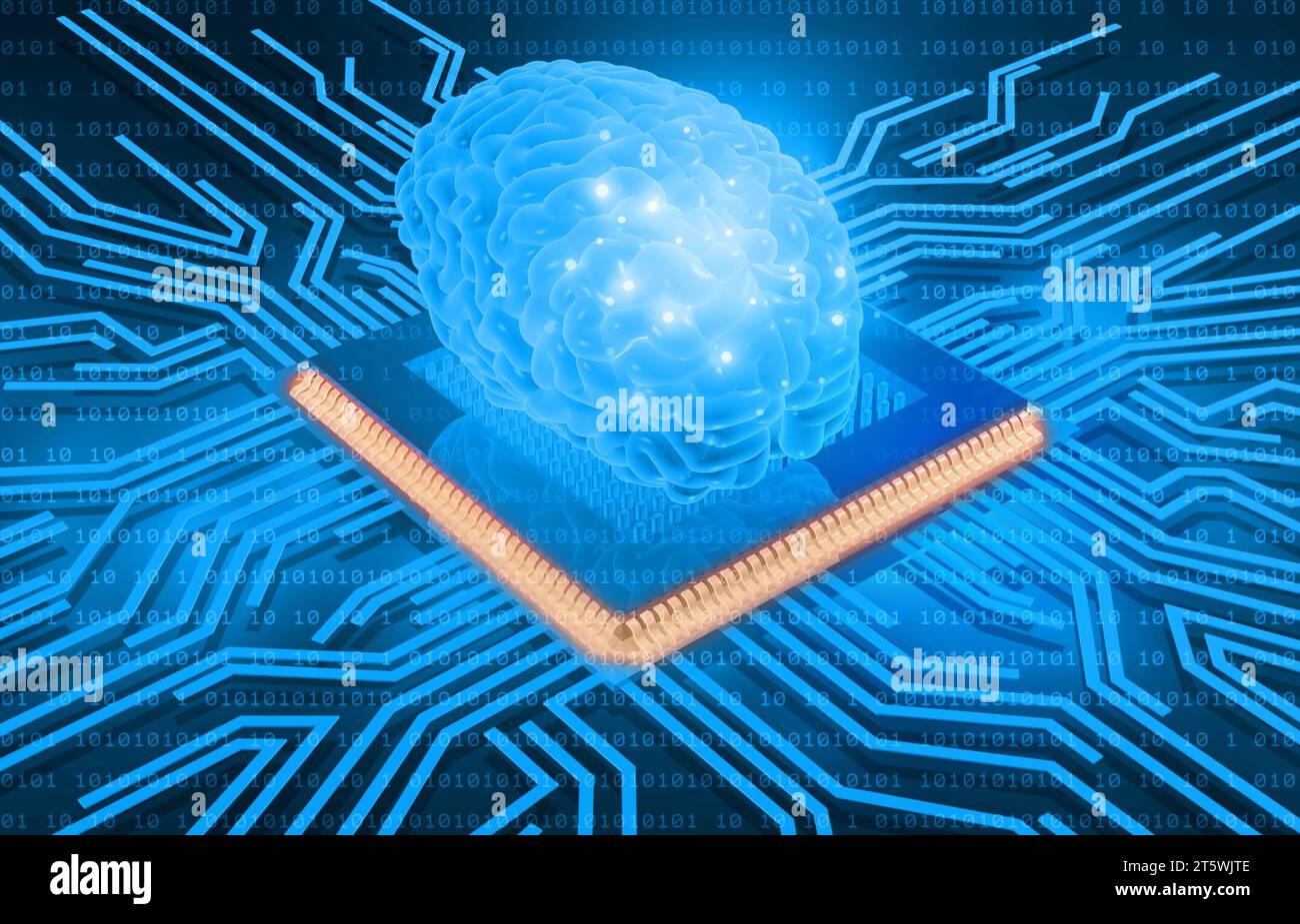 Motherboard with human brain, futuristic technology. 3d illustration ...