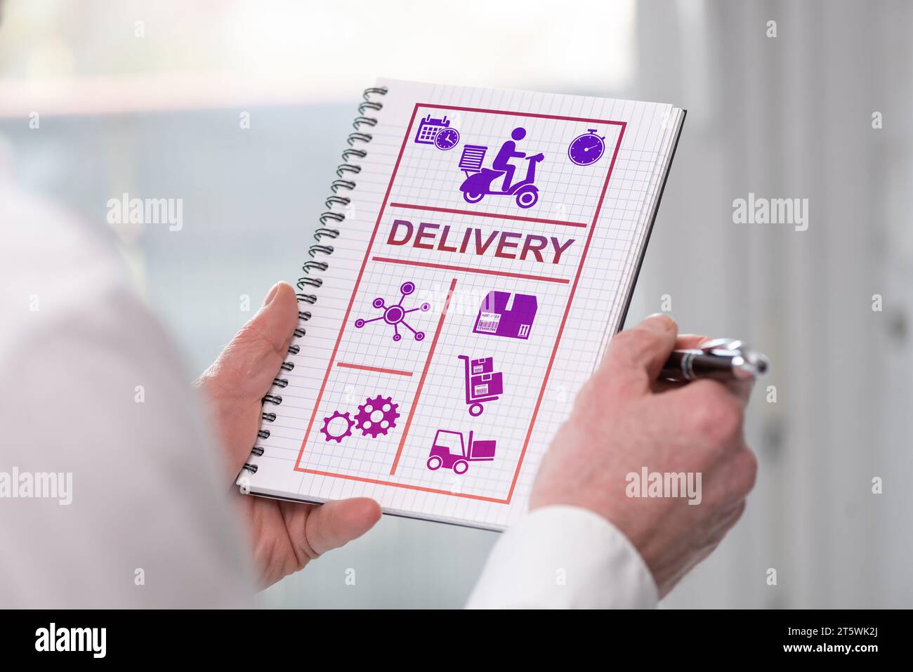 Hand holding a notepad with delivery concept Stock Photo - Alamy
