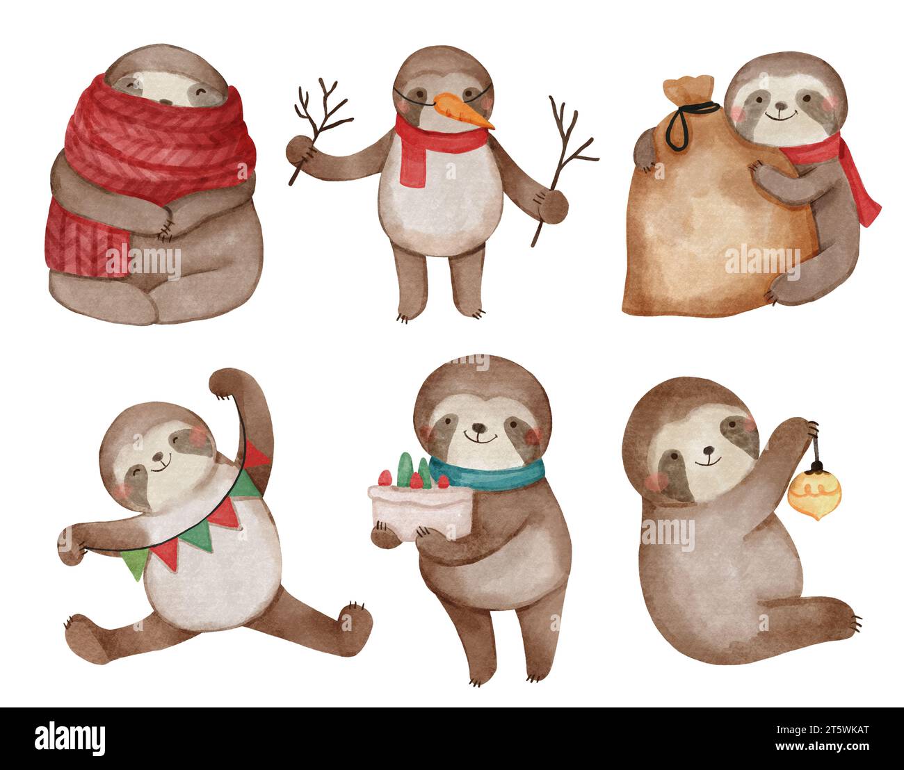 Sloth bear . Christmas theme . Watercolor paint cartoon characters ...