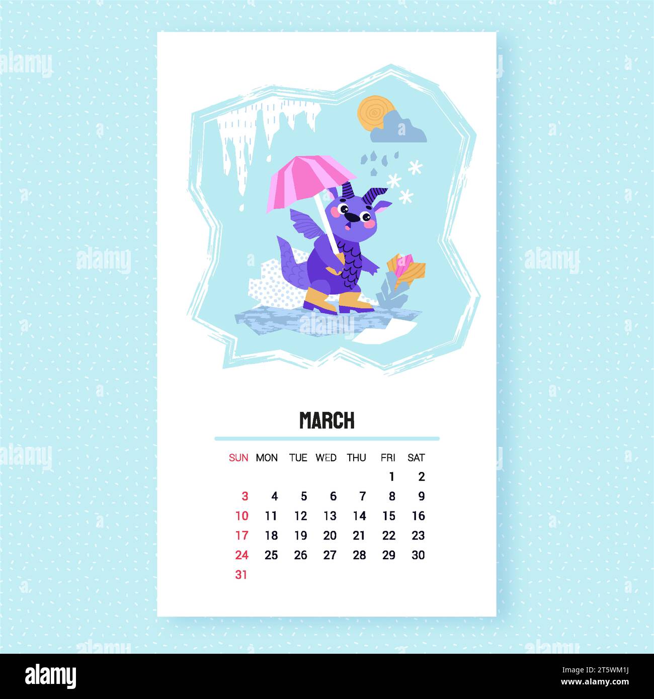 Dragon hiding under an umbrella from the rain. Dragon calendar. April ...