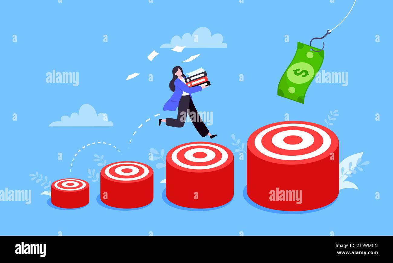 Businesswoman runs and jumps from small target goal to reach bigger ...