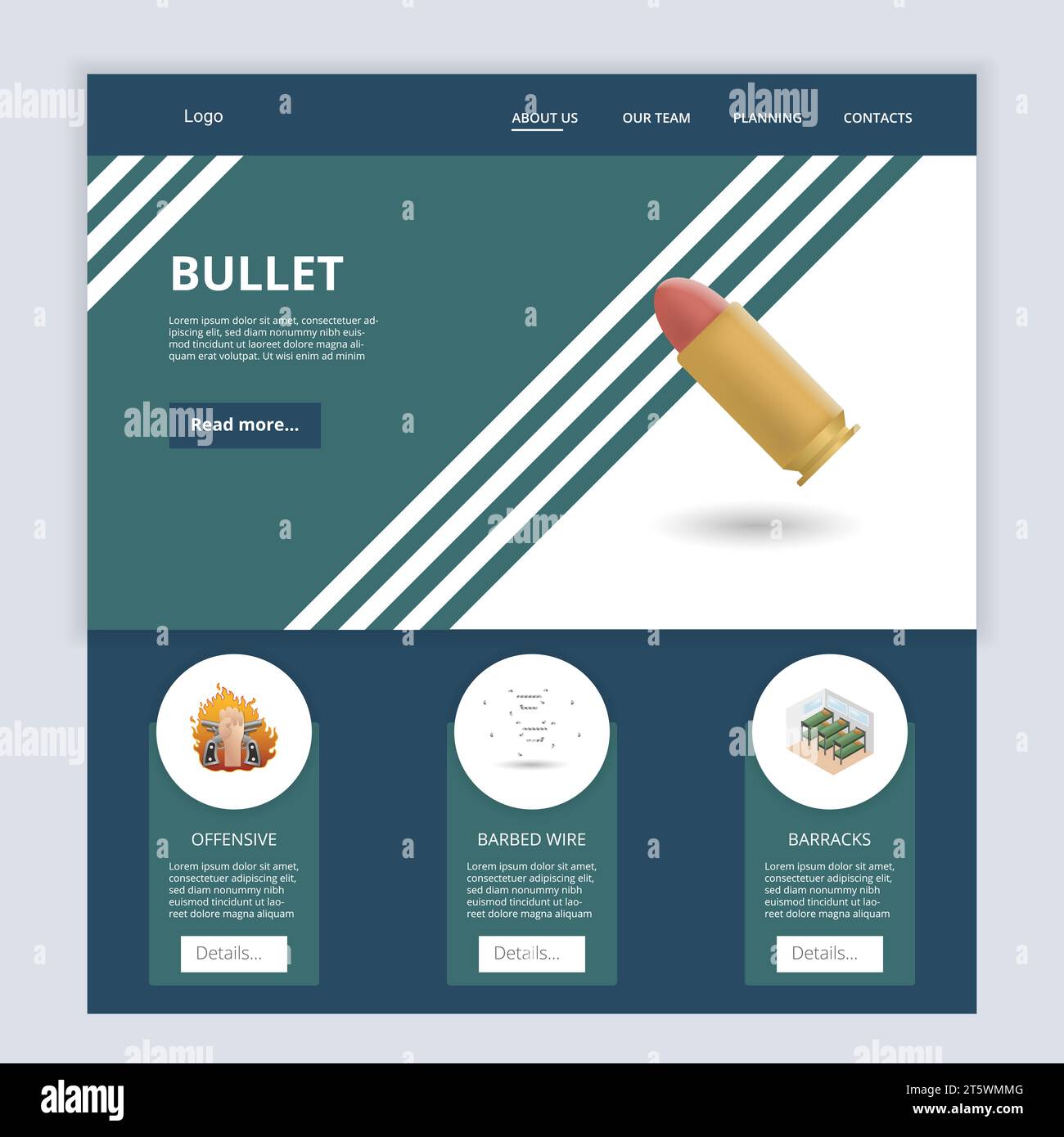 Bullet flat landing page website template. Offensive, barbed wire ...