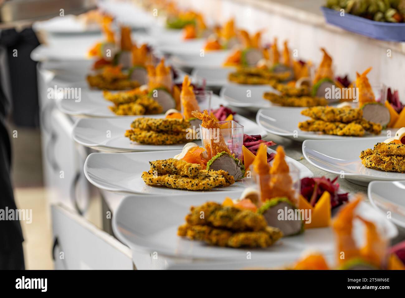Catering table set service, lot of appetizers plate Stock Photo - Alamy