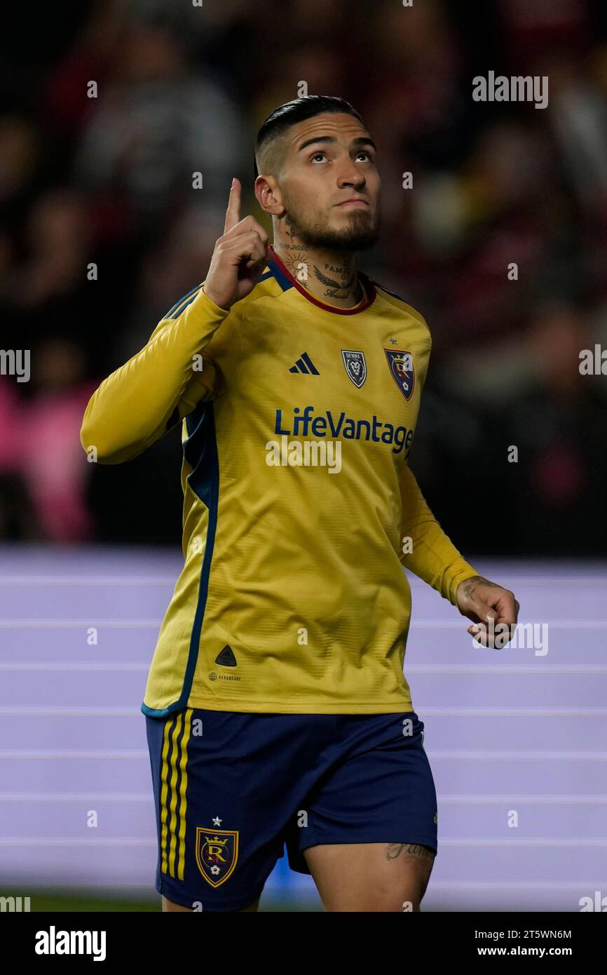 Real Salt Lake forward Cristian Arango (9) points skyward after scoring an overtime penalty shot ...