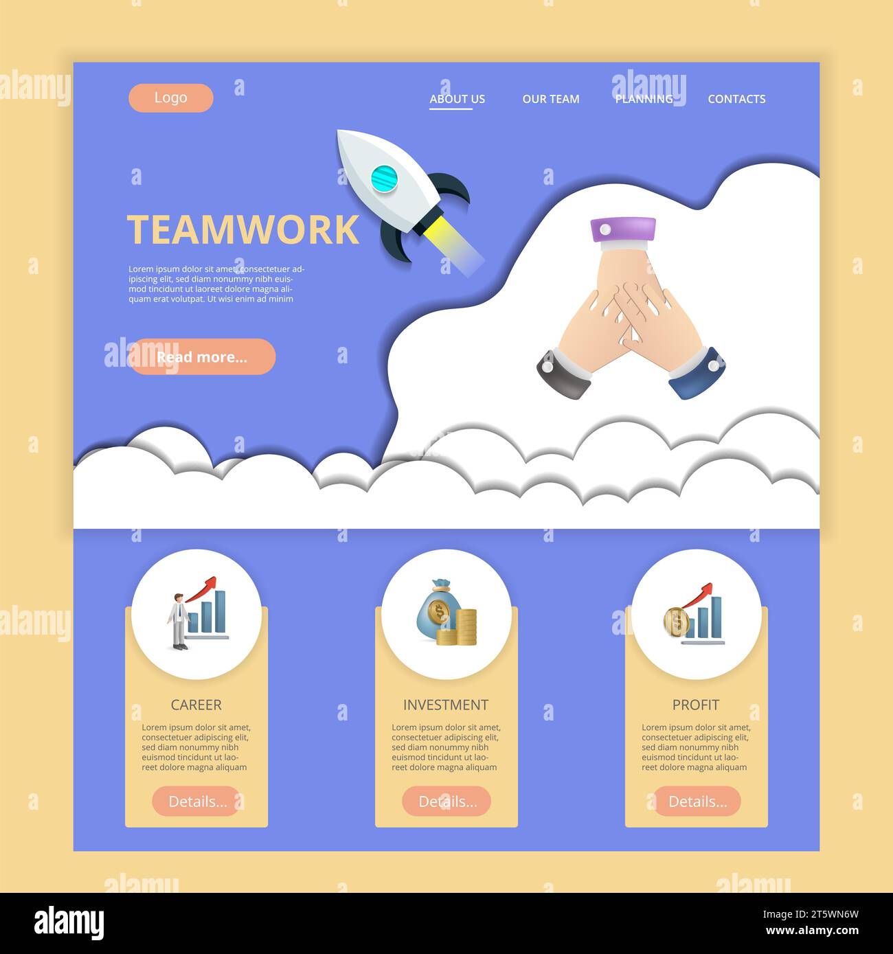 Teamwork flat landing page website template. Career, investment, profit ...