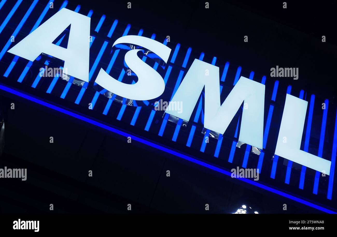 A view of the signage of ASML, the maker of the most advanced chipmaking equipment, at the China ...