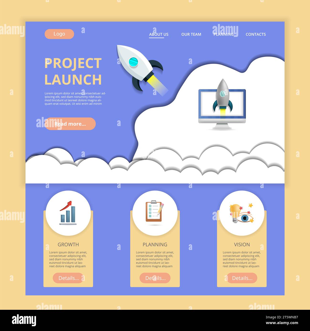 Project launch flat landing page website template. Growth, planning ...