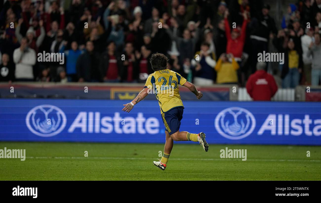 Real Salt Lake midfielder Diego Luna (26) celebrates after making the ...