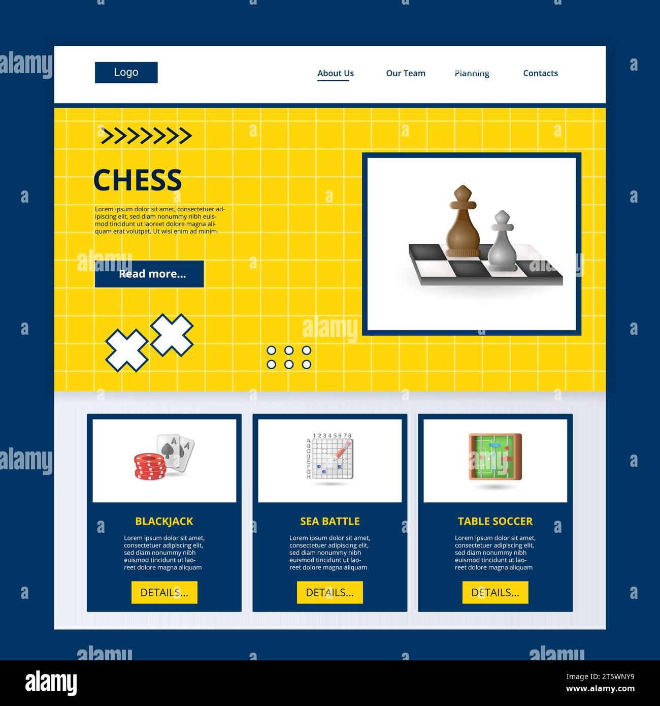 Chess flat landing page website template. Blackjack, sea battle, table ...