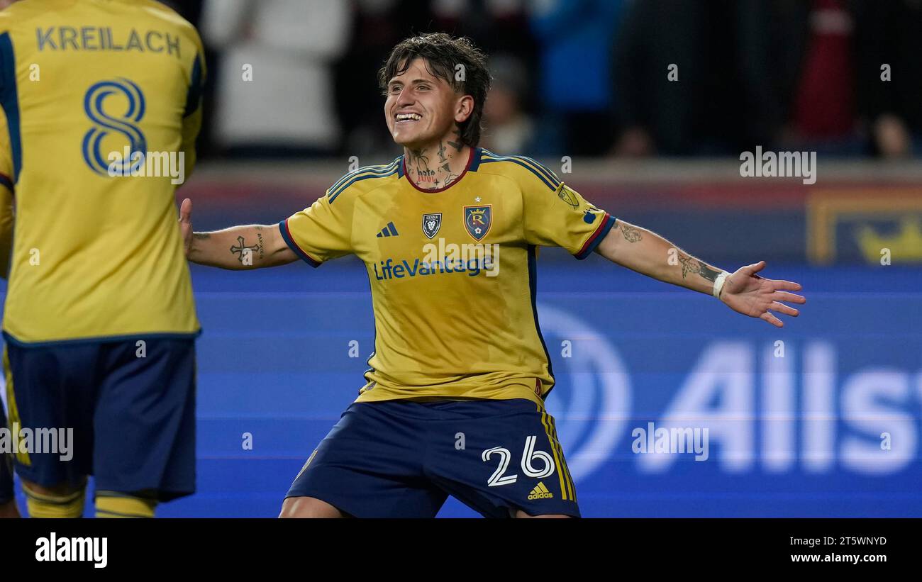 Real Salt Lake midfielder Diego Luna (26) celebrates after making the ...