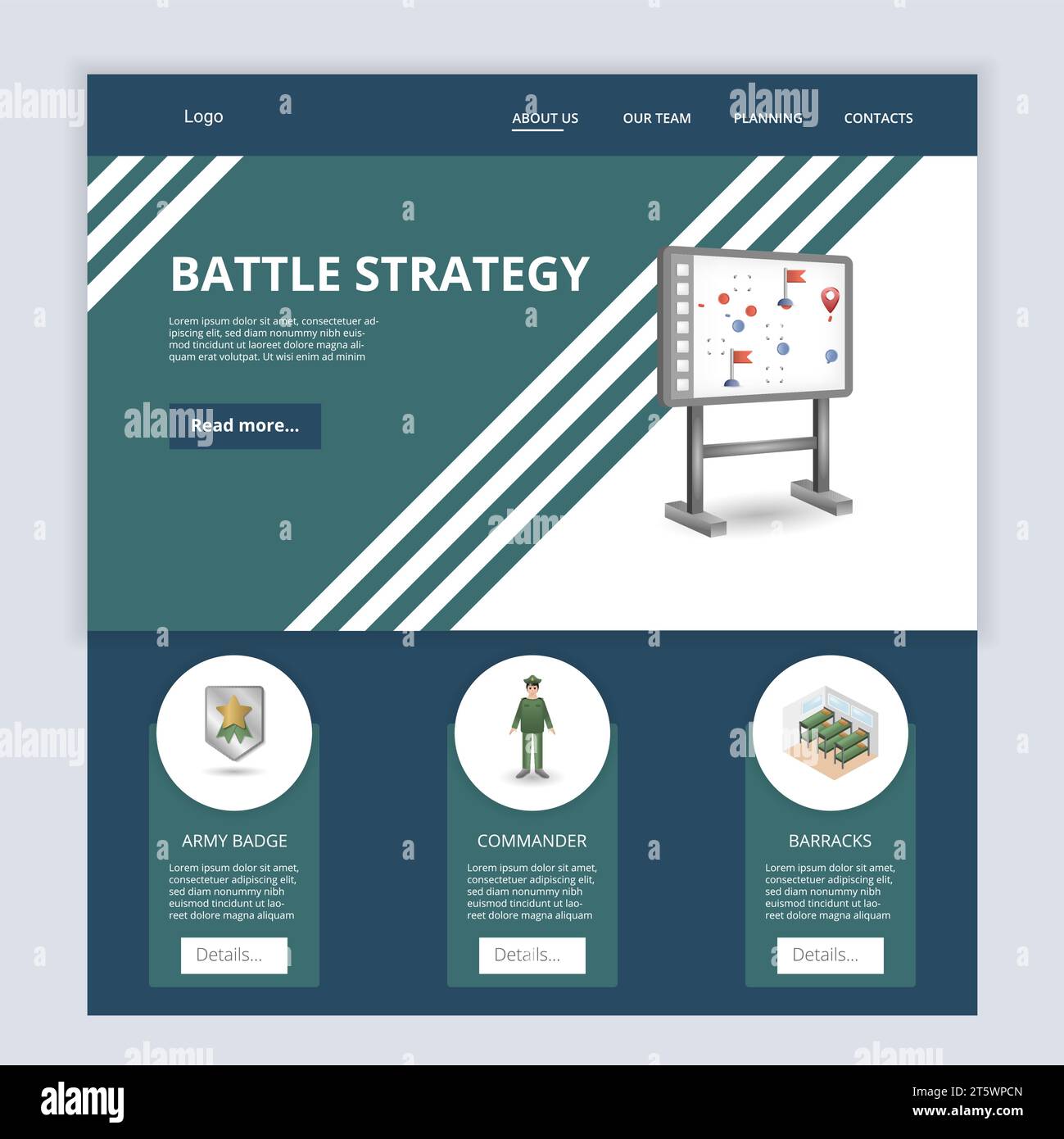 Battle strategy flat landing page website template. Army badge ...