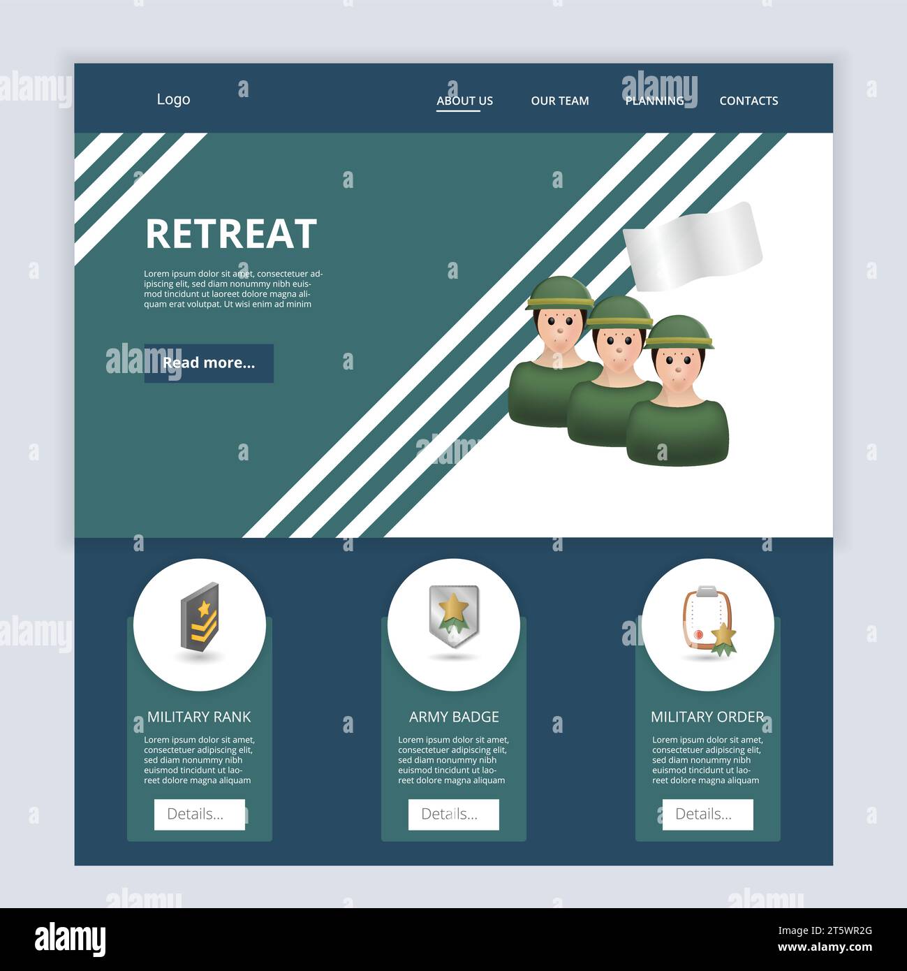 Retreat flat landing page website template. Military rank, army badge ...