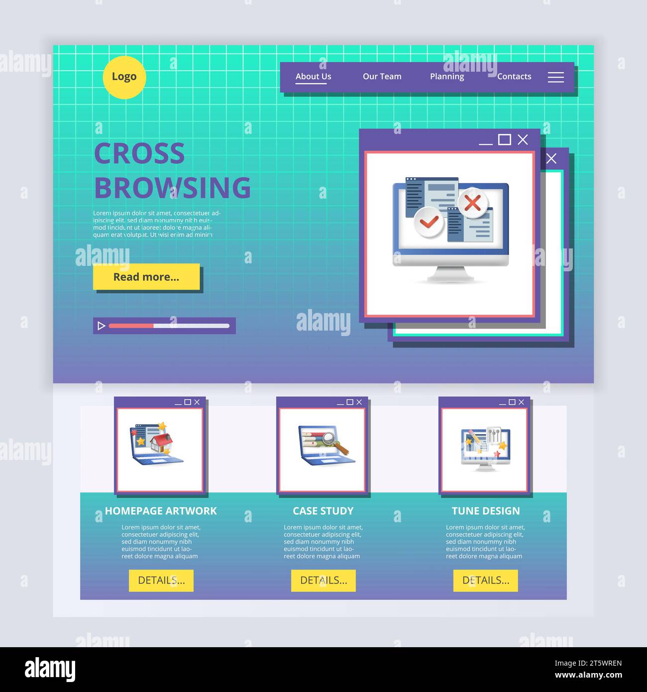 Cross browsing flat landing page website template. Homepage artwork ...