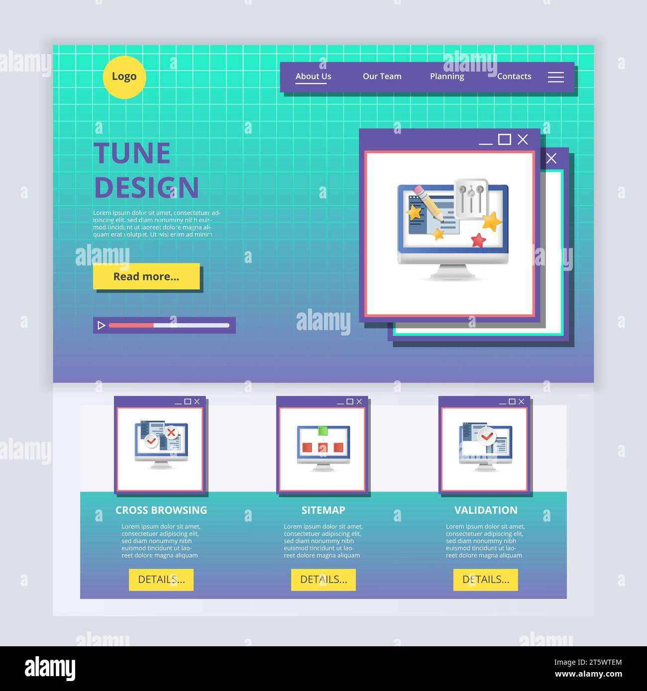 Tune design flat landing page website template. Cross browsing, sitemap ...