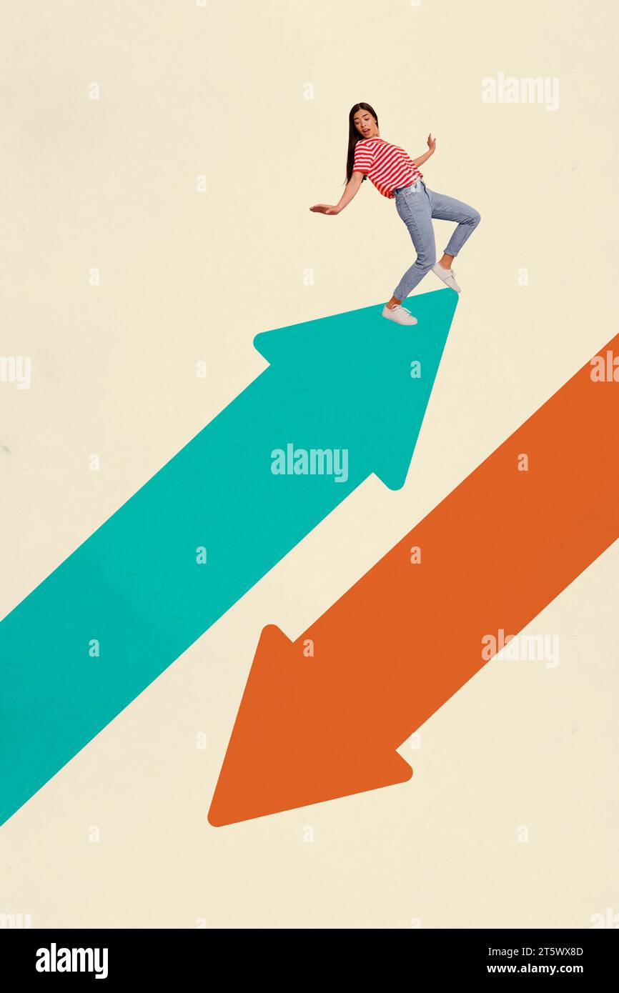 Collage 3d sketch poster of young girl standing balancing on huge arrow ...