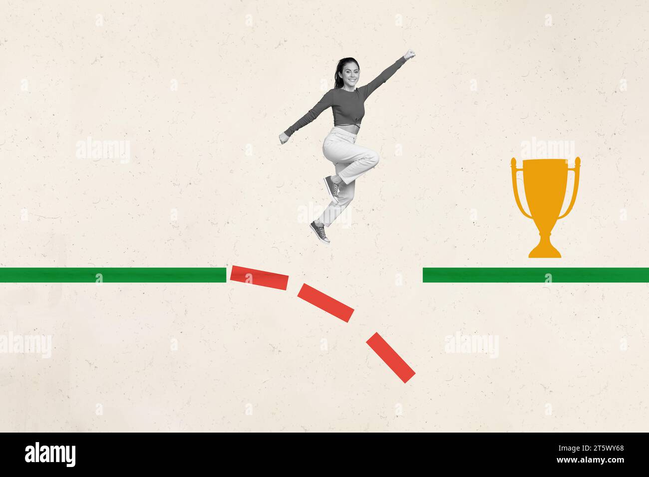 Composite collage of excited mini black white colors girl jump above abyss champion trophy cup ...