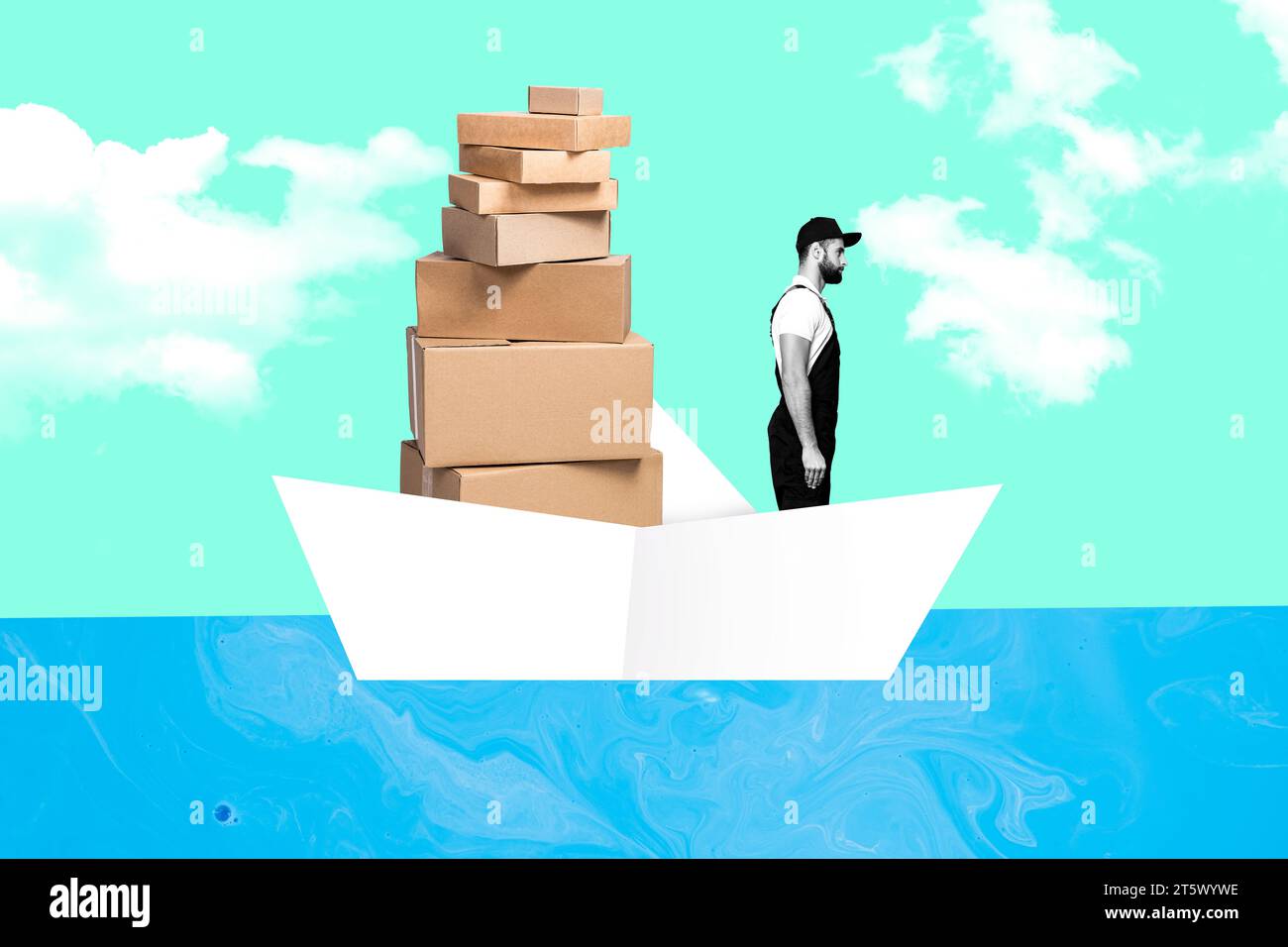 Poster banner collage of deliveryman in boat shipping client around ...