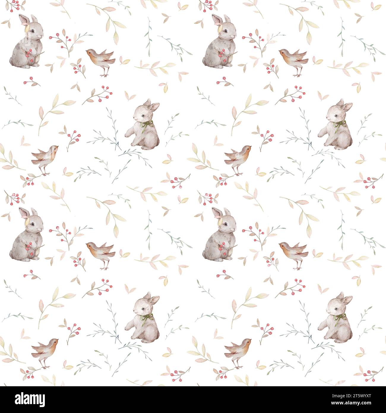 Rabbit Seamless Pattern, Robin Bird Watercolor Pattern, Christmas Bird ...