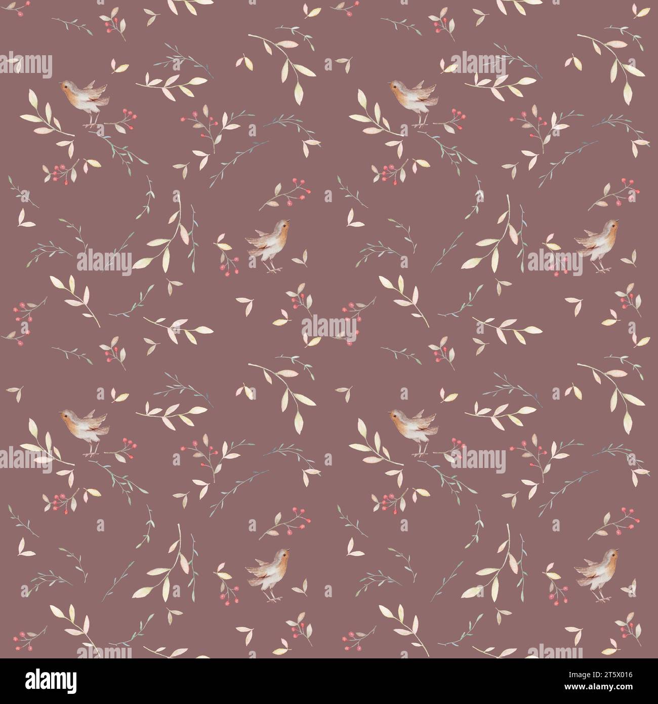 Robin Bird Watercolor Pattern, Pink Brown Background Color, Christmas ...