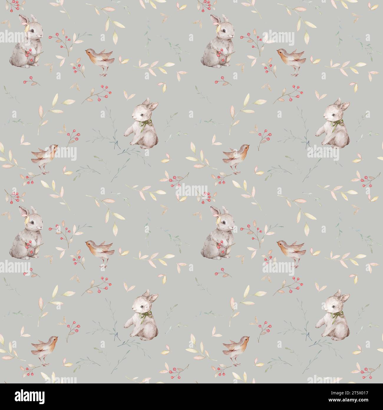 Robin Bird Watercolor Pattern, Rabbit Seamless Pattern, Woodland ...