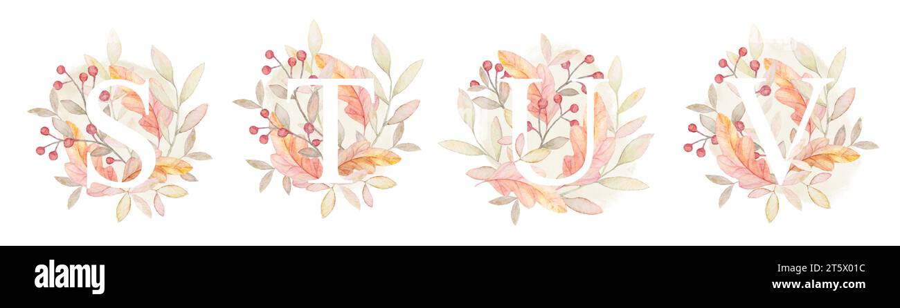 Fall Floral Alphabet. Watercolor Letters with Plants Elements. Baby ...