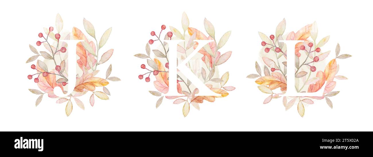 Fall Big Letters J K L. Watercolor Letters with plants elements ...