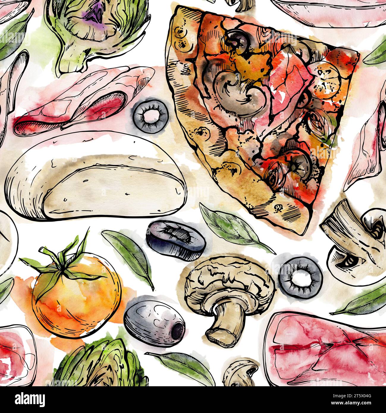 Hand drawn watercolor ink illustration. Capricciosa pizza slice with ...