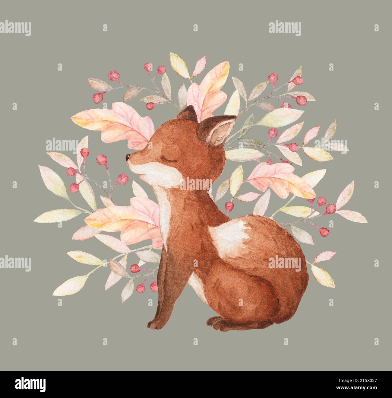 Little Fox with Autumn Plants Decor. Baby Fox Watercolor. Forest Animal ...