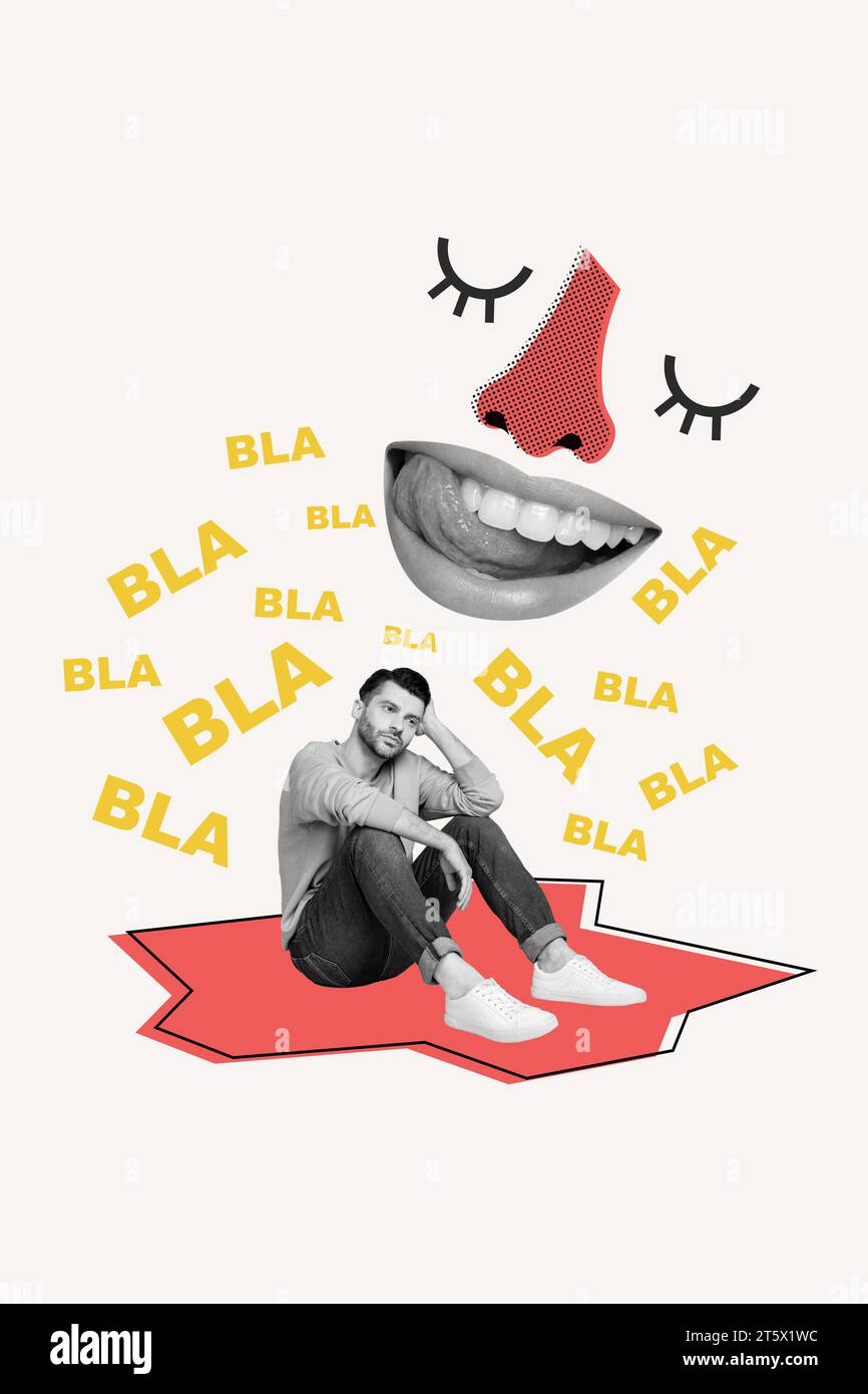 Vertical collage picture of black white colors mini unsatisfied moody ...