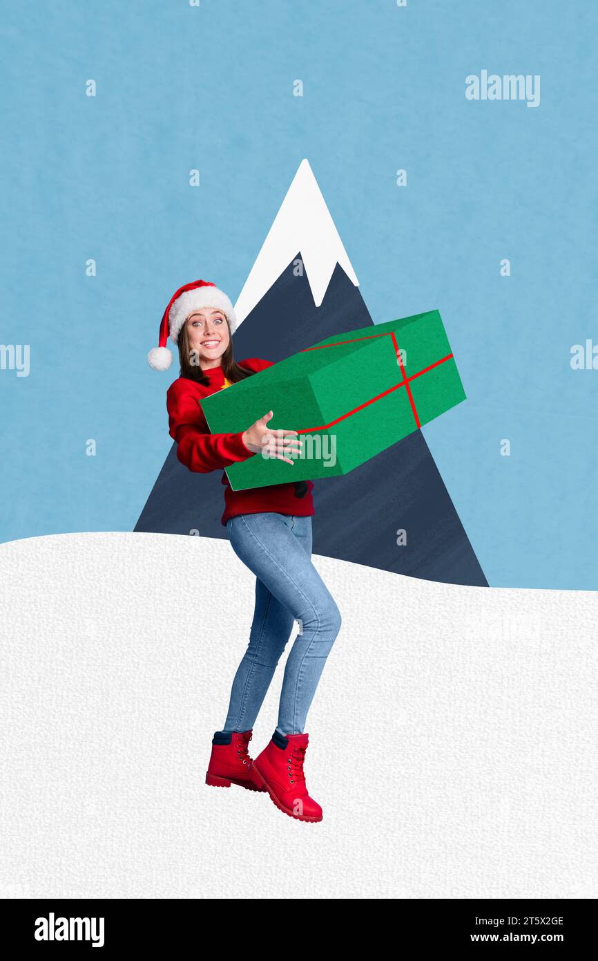 Composite collage picture image of funny female hold big gift box ...