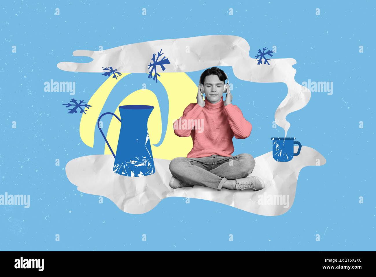 Collage 3d image of pinup pop retro sketch of teenager earphones tea ...