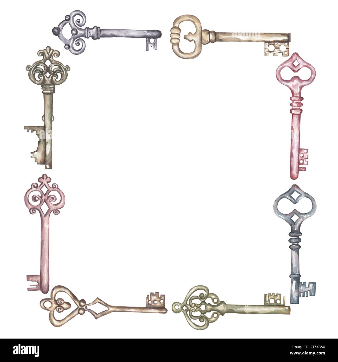 Watercolor vintage key frame illustration Stock Photo - Alamy