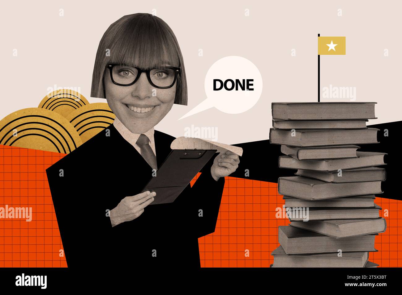 Picture image collage of happy woman chief done work red pile stack ...