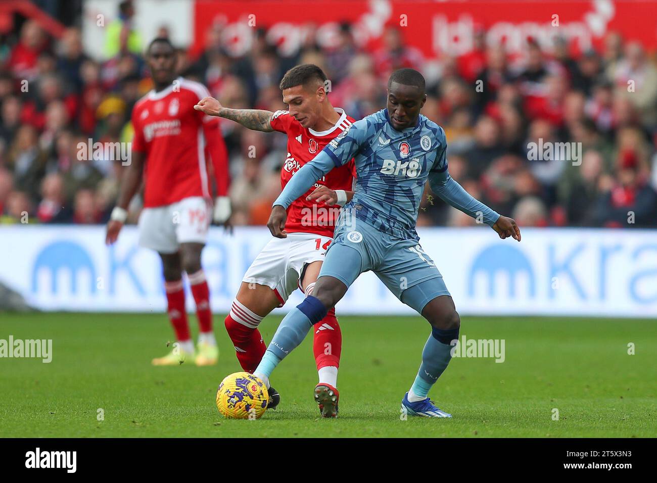 Nicolás Domínguez #16 of Nottingham Forest and Moussa Diaby #19 of ...