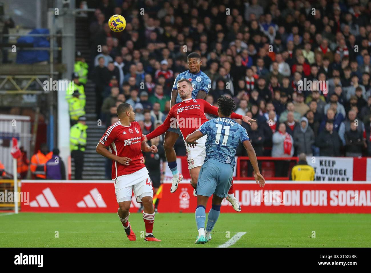 Leon Bailey #31 of Aston Villa has a headed shot at goal during the ...