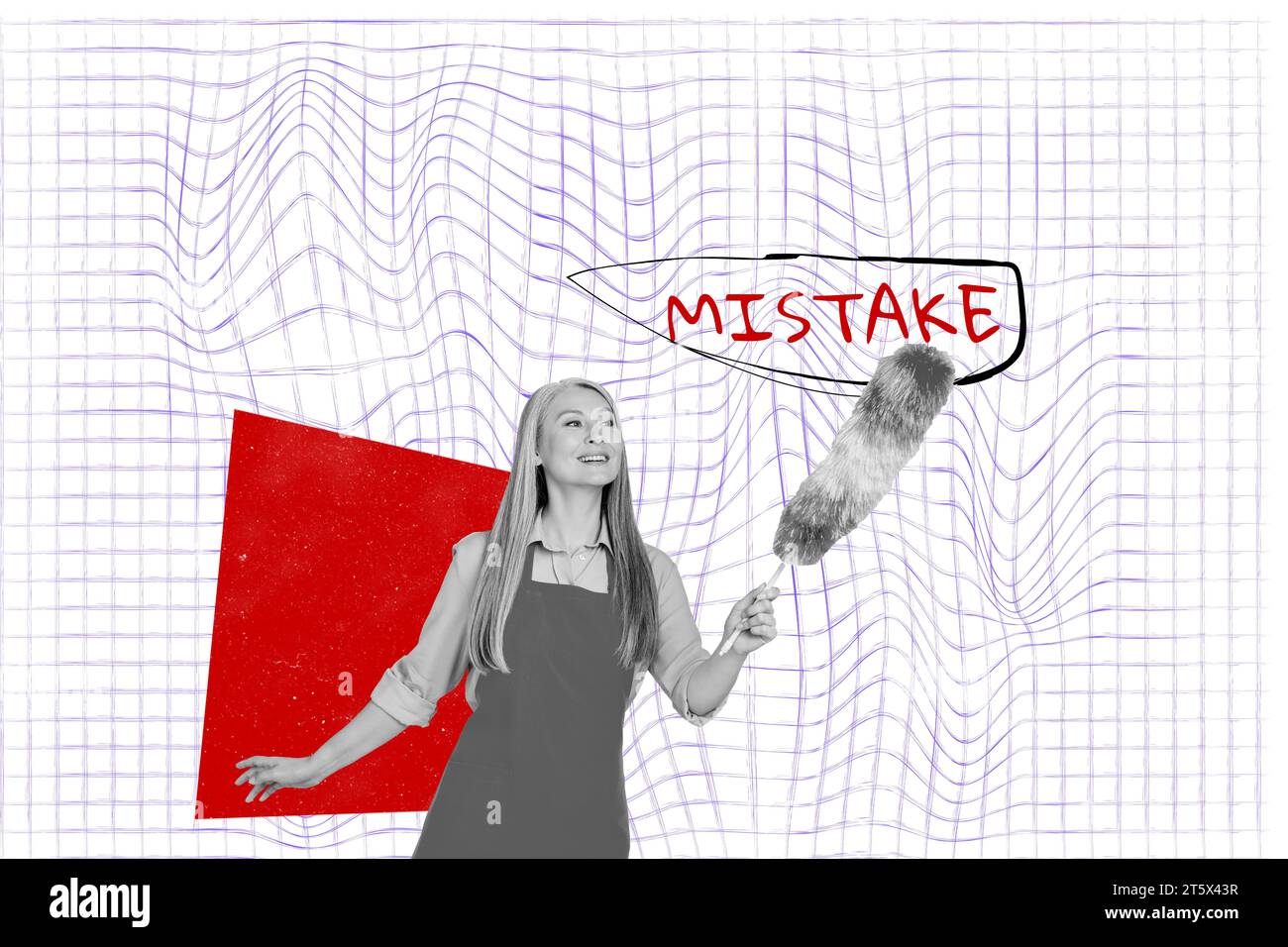 Collage portrait of positive black white effect grandmother hold duster ...