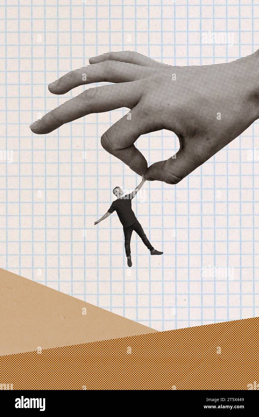 Image collage illustration of miniature funky guy hanging human huge ...