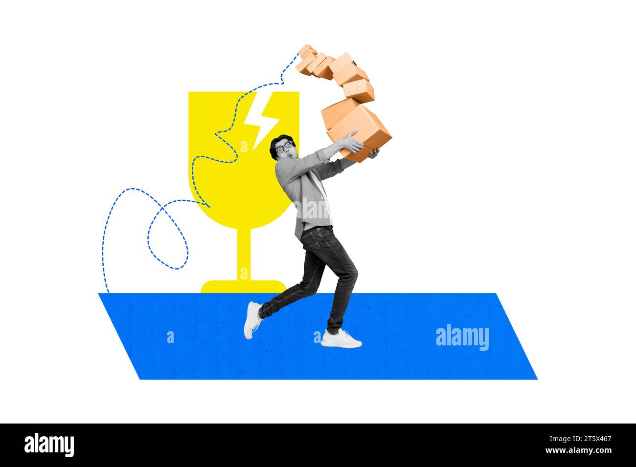 Collage minimal picture of excited stressed guy delivering fragile ...