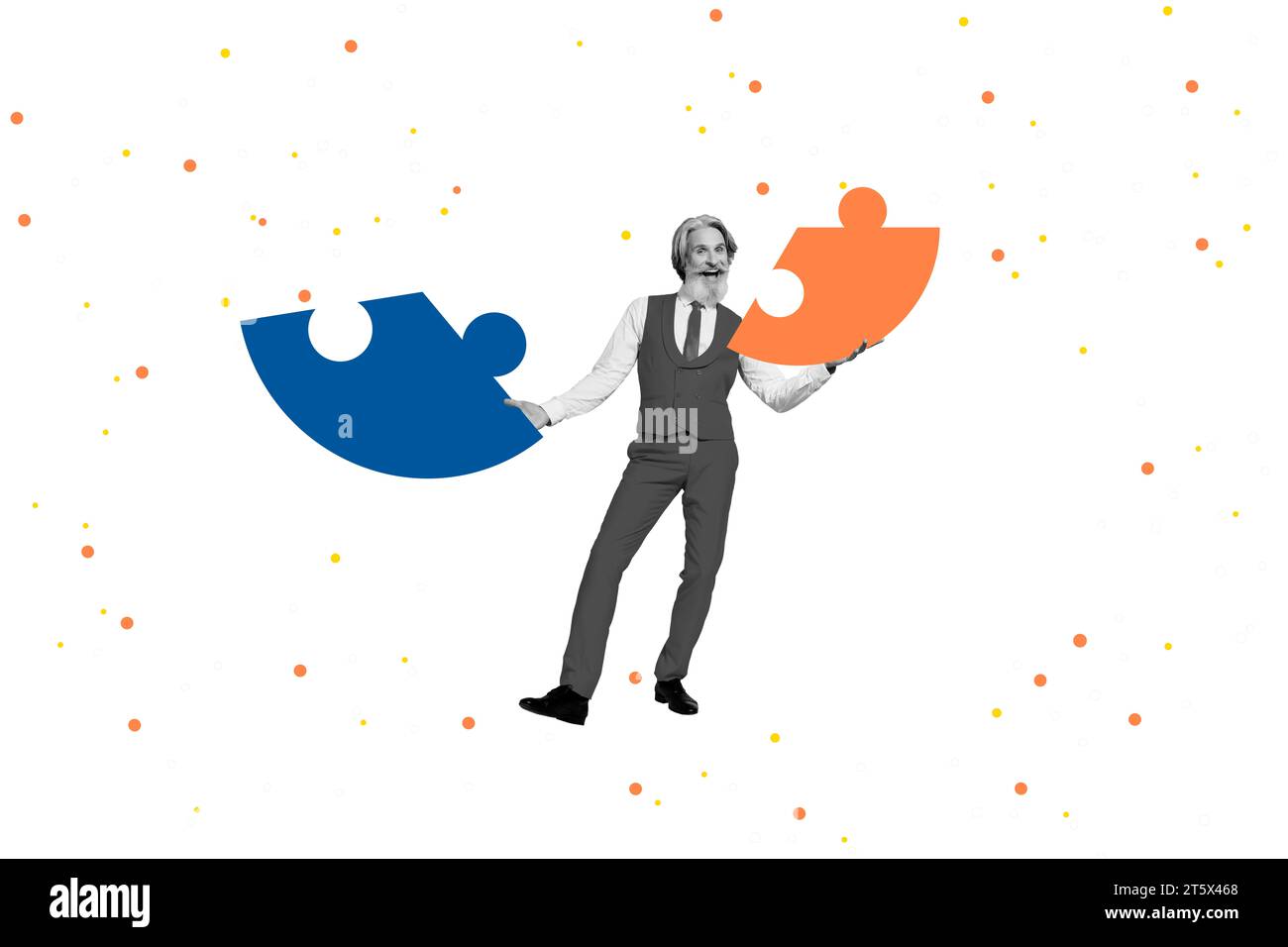 Photo collage artwork minimal picture of senior guy trying complete ...