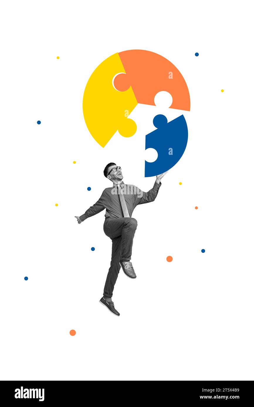 Vertical collage image of excited cheerful black white effect guy jump ...