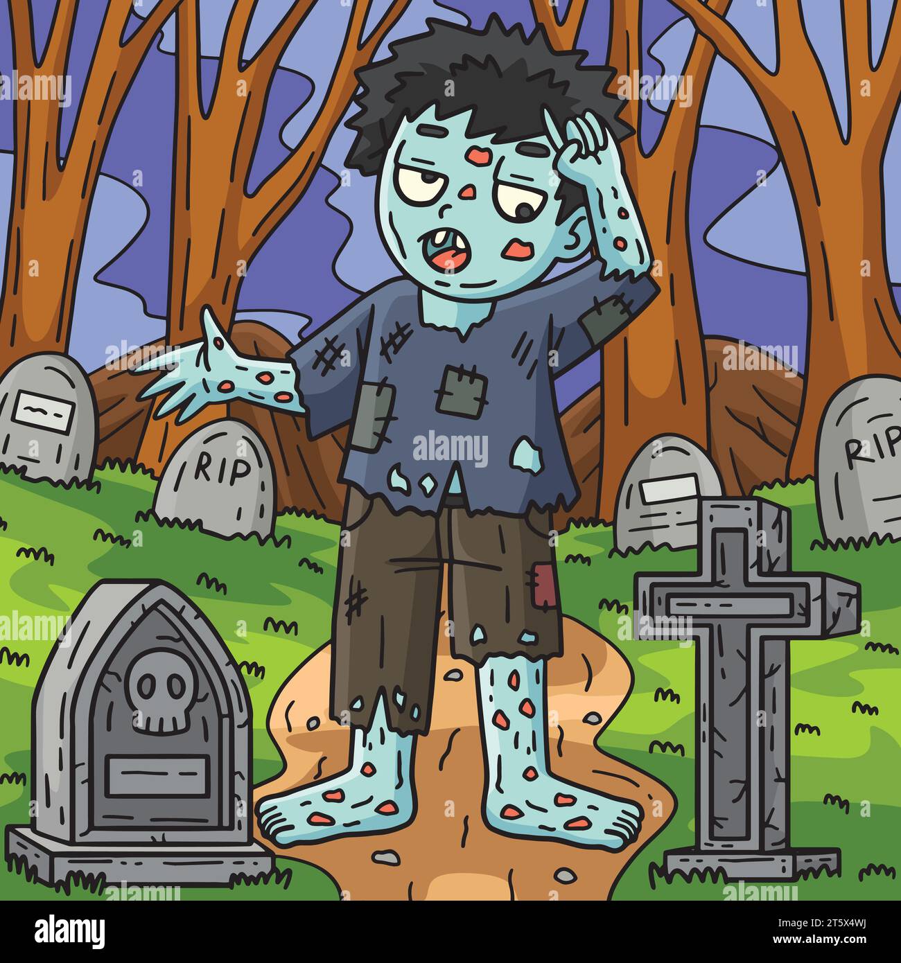 Zombie in a Cemetery Colored Cartoon Illustration Stock Vector Image ...