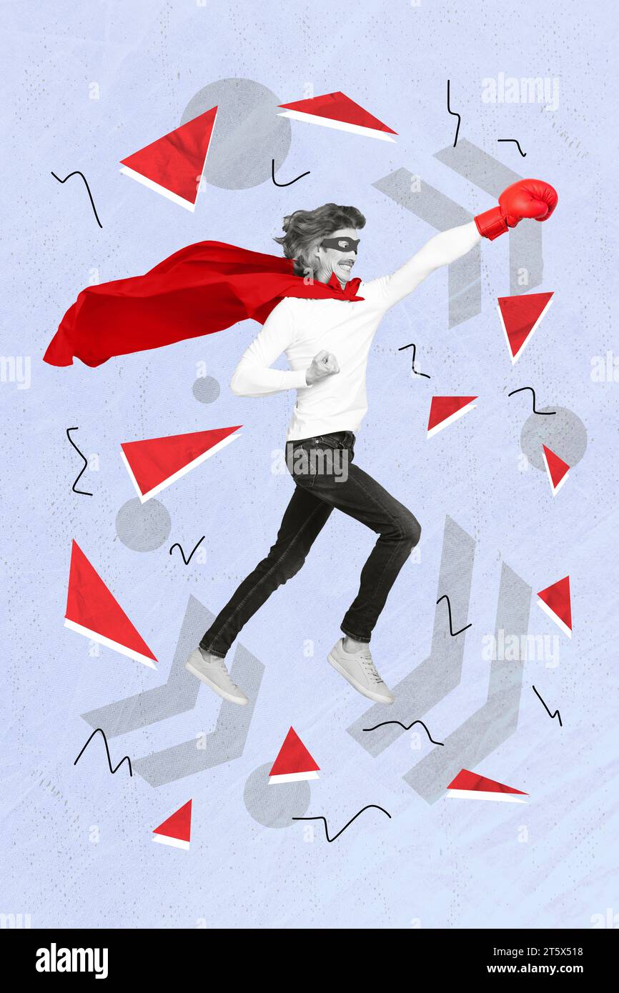 Vertical collage picture of black white colors excited guy superhero ...
