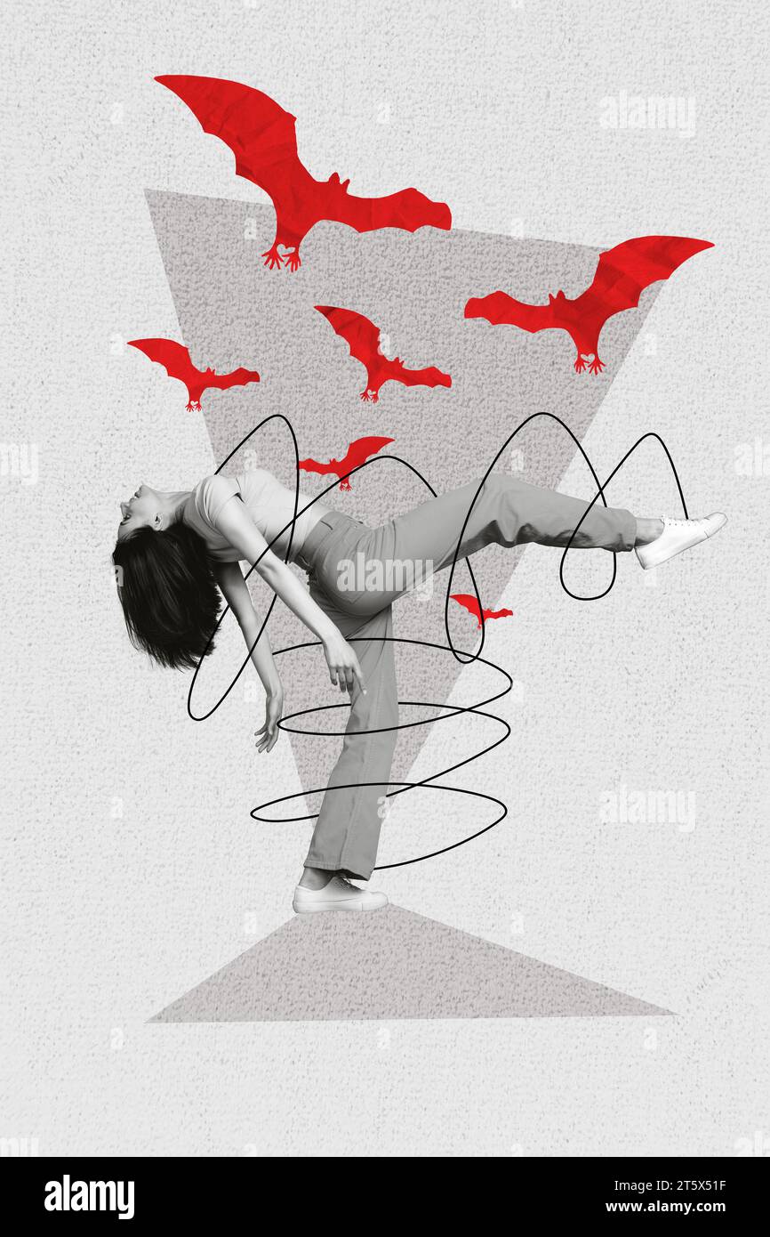 Vertical collage image of black white effect dancing girl tied string ...