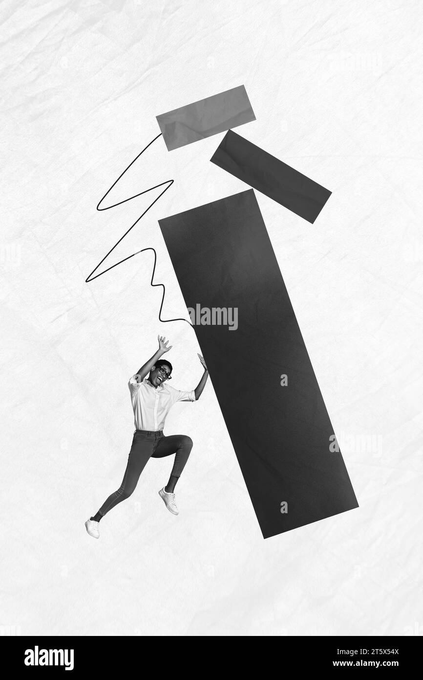 Vertical collage picture of terrified mini black white colors person ...