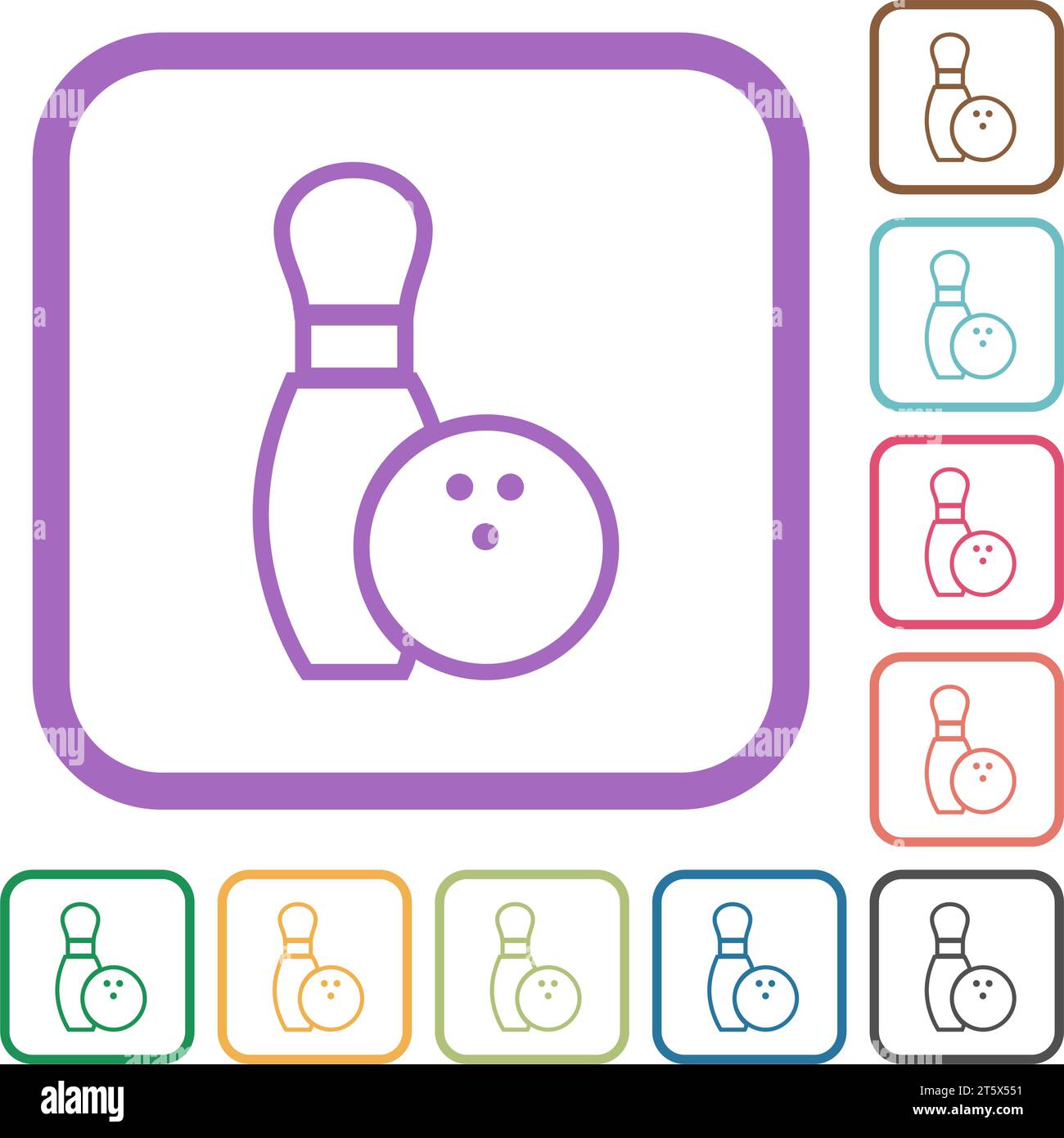 Bowling pin and ball outline simple icons in color rounded square frames on white background ...