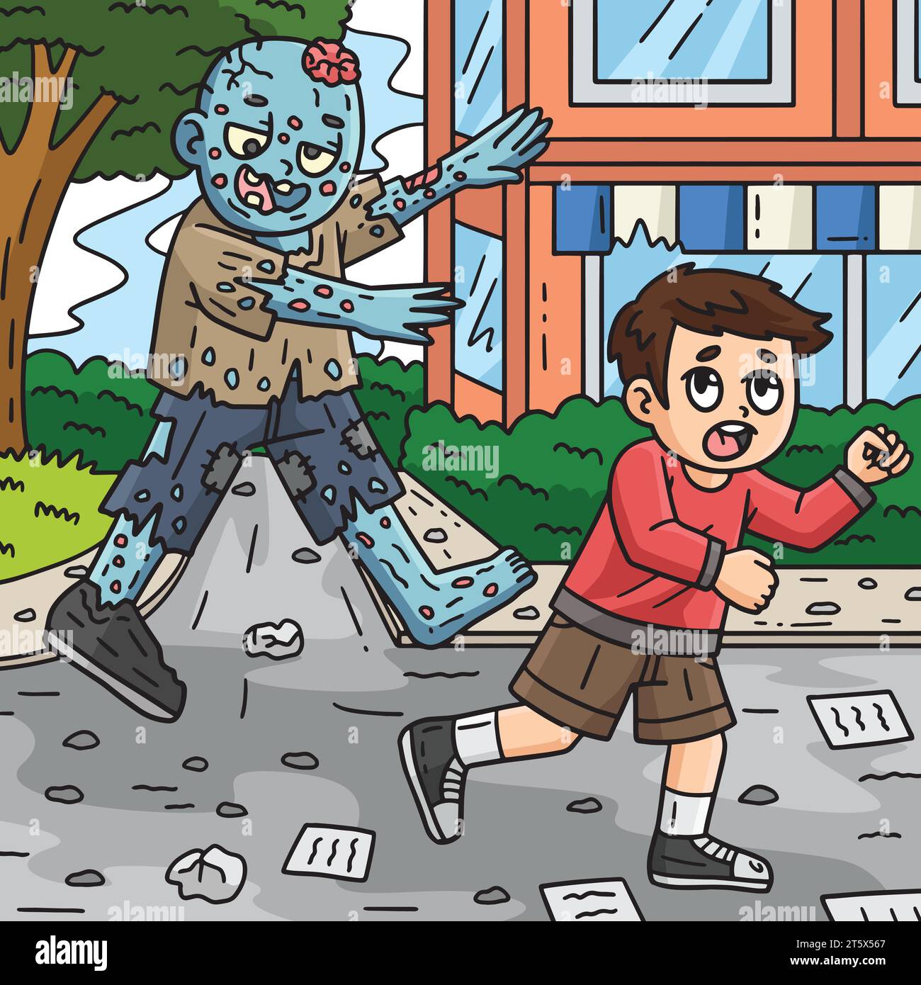 Zombie Chasing Child Colored Cartoon Illustration Stock Vector Image ...