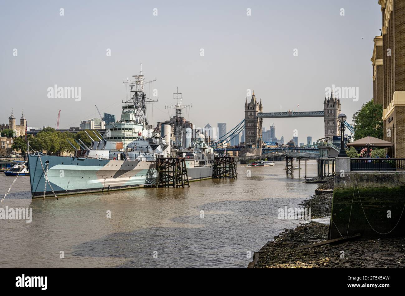HMS Belfast, Tower Bridge and Tower of London Stock Photo - Alamy
